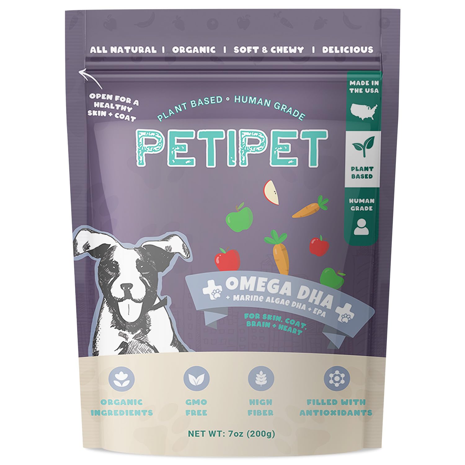 Petipet Omega 3 for Dogs - Skin, Coat, Brain and Heart Health Supplement - for Dry, Itchy, or Flaky Skin - Allergies and Itch Relief Chews - DHA and EPA Omega 3 Fatty Acids from Marine Algae