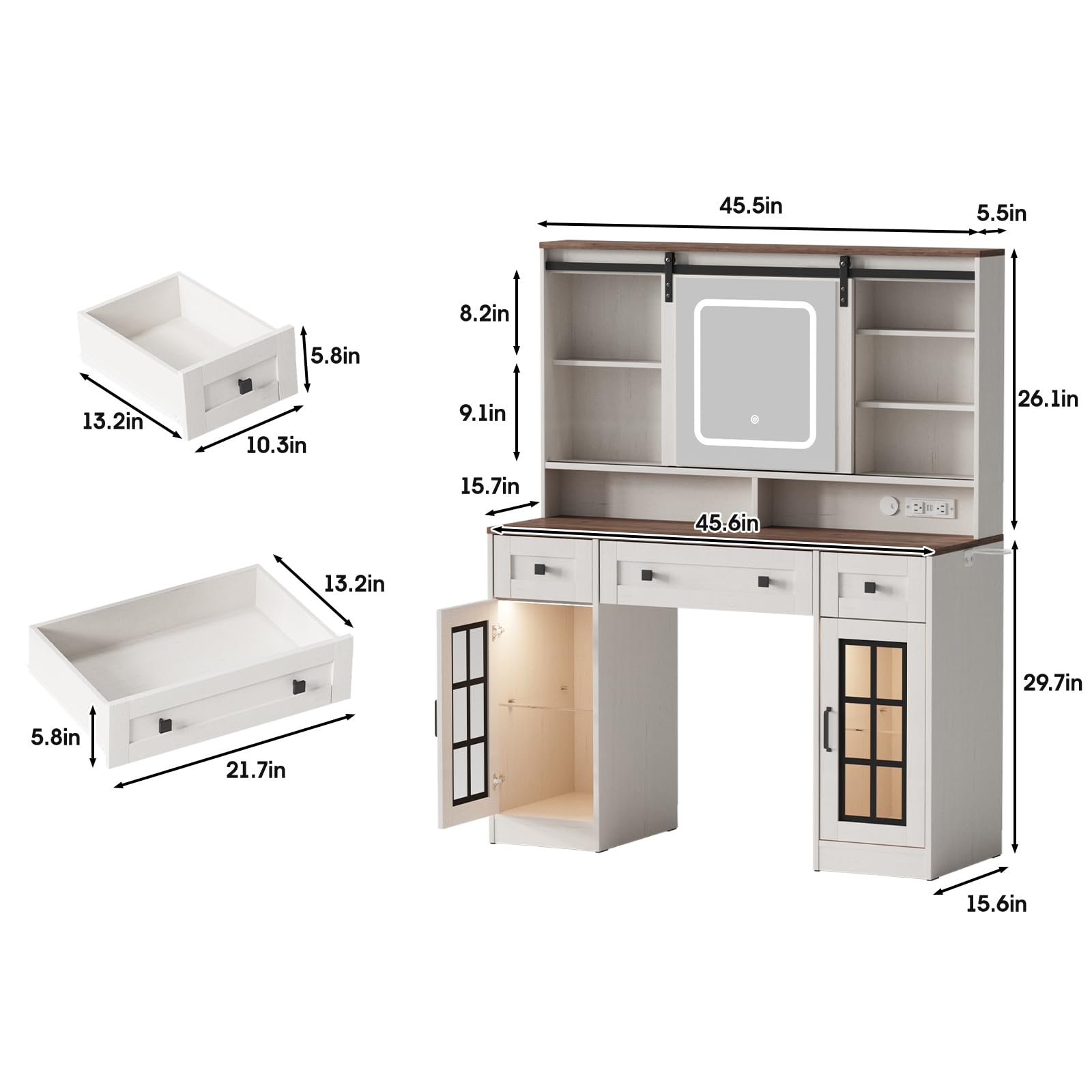 Fameill 45.5'' Farmhouse Makeup Vanity Desk with Sliding Mirror, Vanity Table with 3 Drawers and 2 Cabinets, Charging Station & LED Lights, Storage Shelves, Stool Included, Dressing Table for Bedroom