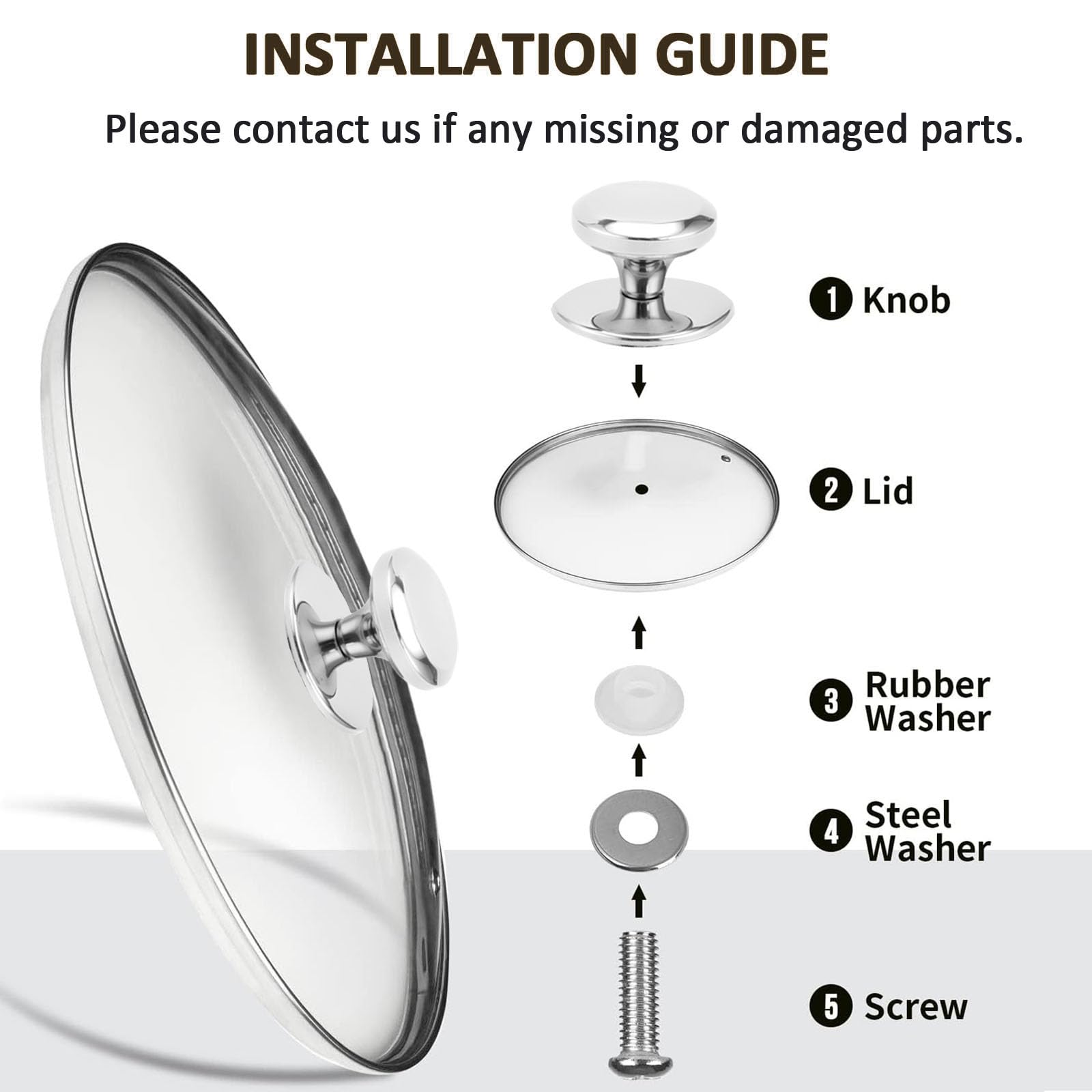 Glass Lids for 8, 9.5, 10.25, 11, 12, 12.6 Inch Frying Pans, Pots, Cast Iron Pans, Tempered Covers for Replacement with Stainless Steel Rim & Handle, Dishwasher & Over Safe