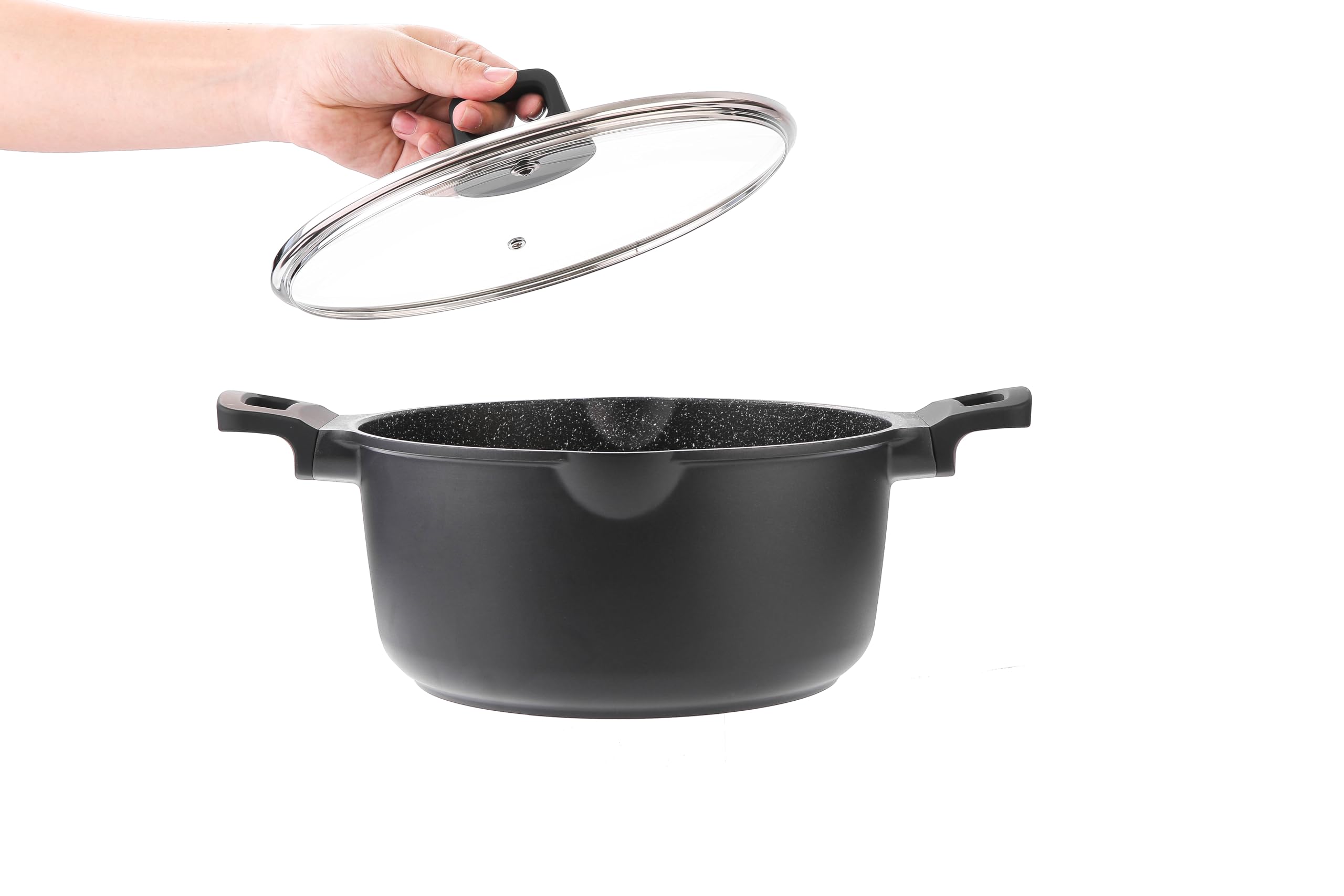 9.5 Inch Non Stick Pan Casserole Pot with Lid & Pour Spout - Lightweight 4.27 Quart Granite Coated Soup Pot Comfort Grip Handle - Induction Compatible PFOA Free Non Stick Pots (Black)