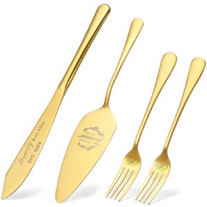 galaxozent wedding presents for couples 2024, gold wedding cake knife and server set with forks, cake cutting set for wedding, bridal shower anniversary engagement present for mr and mrs set of 4