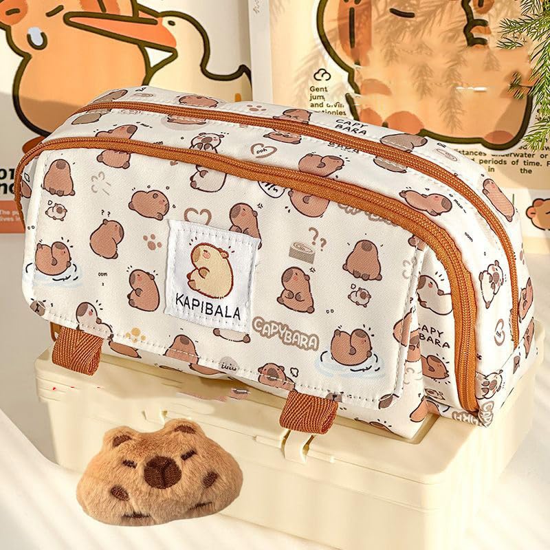 NAPIMICO Cute Flip Top Pencil Case with Kawaii Capybara Plush Pins Large Pencil Pouch Makeup Bag Aesthetic Stationery Organizer (White)