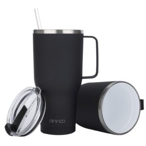 mininoo 40 oz ceramic lined tumbler with handle and straw lid, stainless steel ceramic travel coffee mug newly upgraded latex outer layer