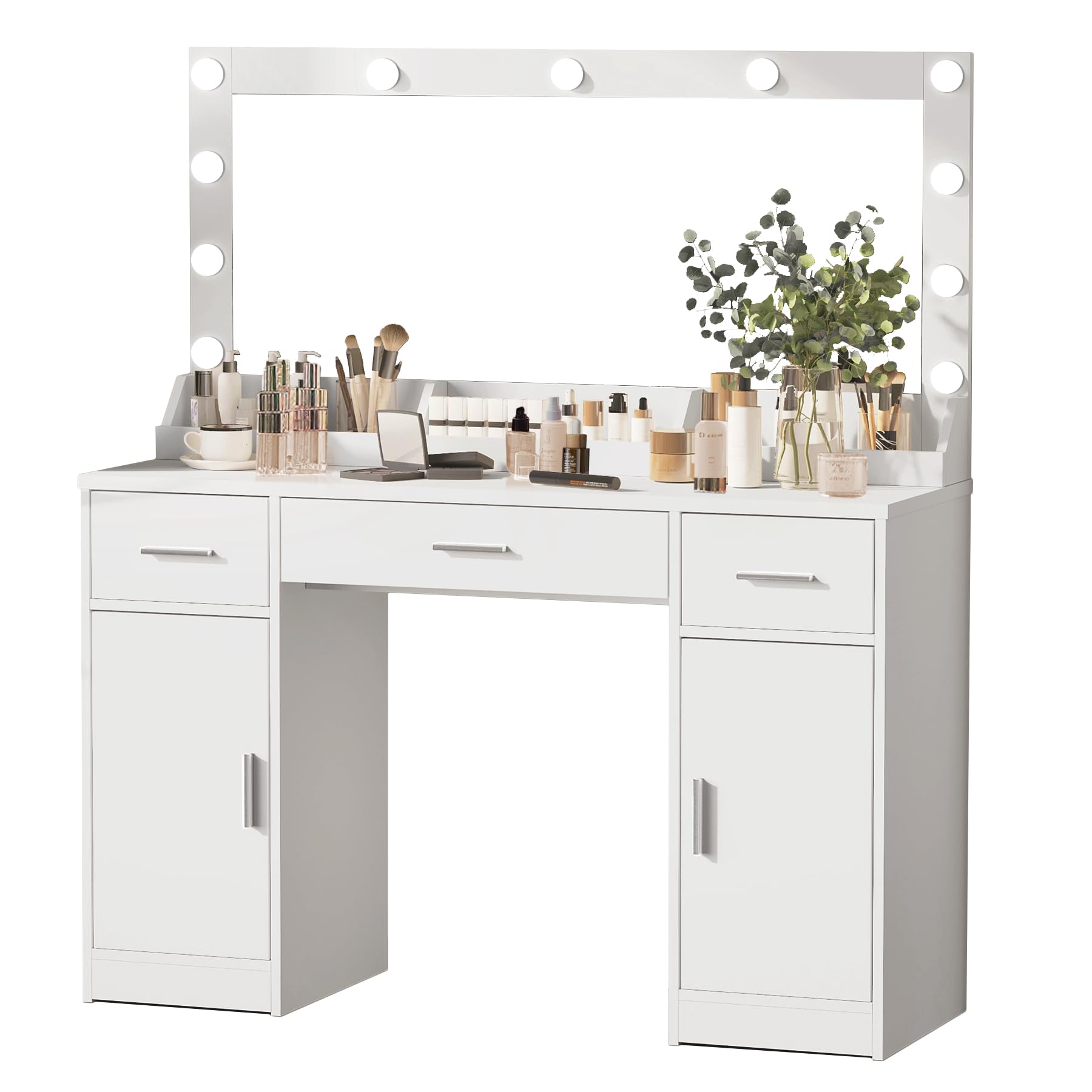 MIRROTOWEL 47.5” Vanity Desk with Large Mirror, 3 Colour Lighting Modes, Adjustable Brightness, Dresser with 3 Drawers & 2 Vertical Cabinets, Makeup Vanity Table for Women Girls White