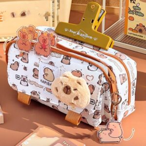 NAPIMICO Cute Flip Top Pencil Case with Kawaii Capybara Plush Pins Large Pencil Pouch Makeup Bag Aesthetic Stationery Organizer (White)