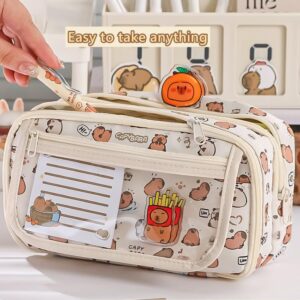 NAPIMICO Cute Pencil Case with Kawaii Capybara Pins and Plush Flip Top Pencil Pouch Aesthetic Office Stationary Pen Holder (Brown)