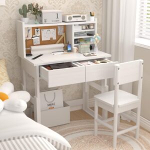 NKUGCFC White Kids Desk and Chair Set for 5-18 Year Old,Ergonomic Height Adjustable Childrens Study Desk with 2 Drawers,Kids Art Table with Storage-7HsbQo