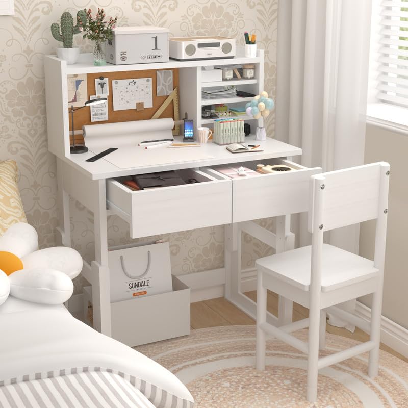 NKUGCFC White Kids Desk and Chair Set for 5-18 Year Old,Ergonomic Height Adjustable Childrens Study Desk with 2 Drawers,Kids Art Table with Storage-7HsbQo