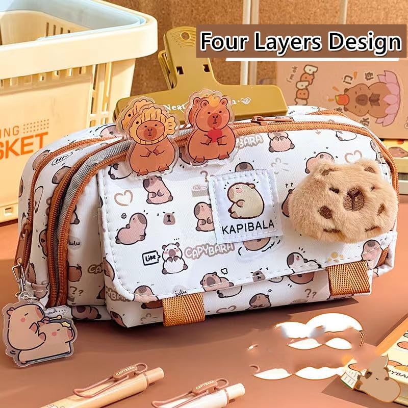 NAPIMICO Cute Flip Top Pencil Case with Kawaii Capybara Plush Pins Large Pencil Pouch Makeup Bag Aesthetic Stationery Organizer (White)