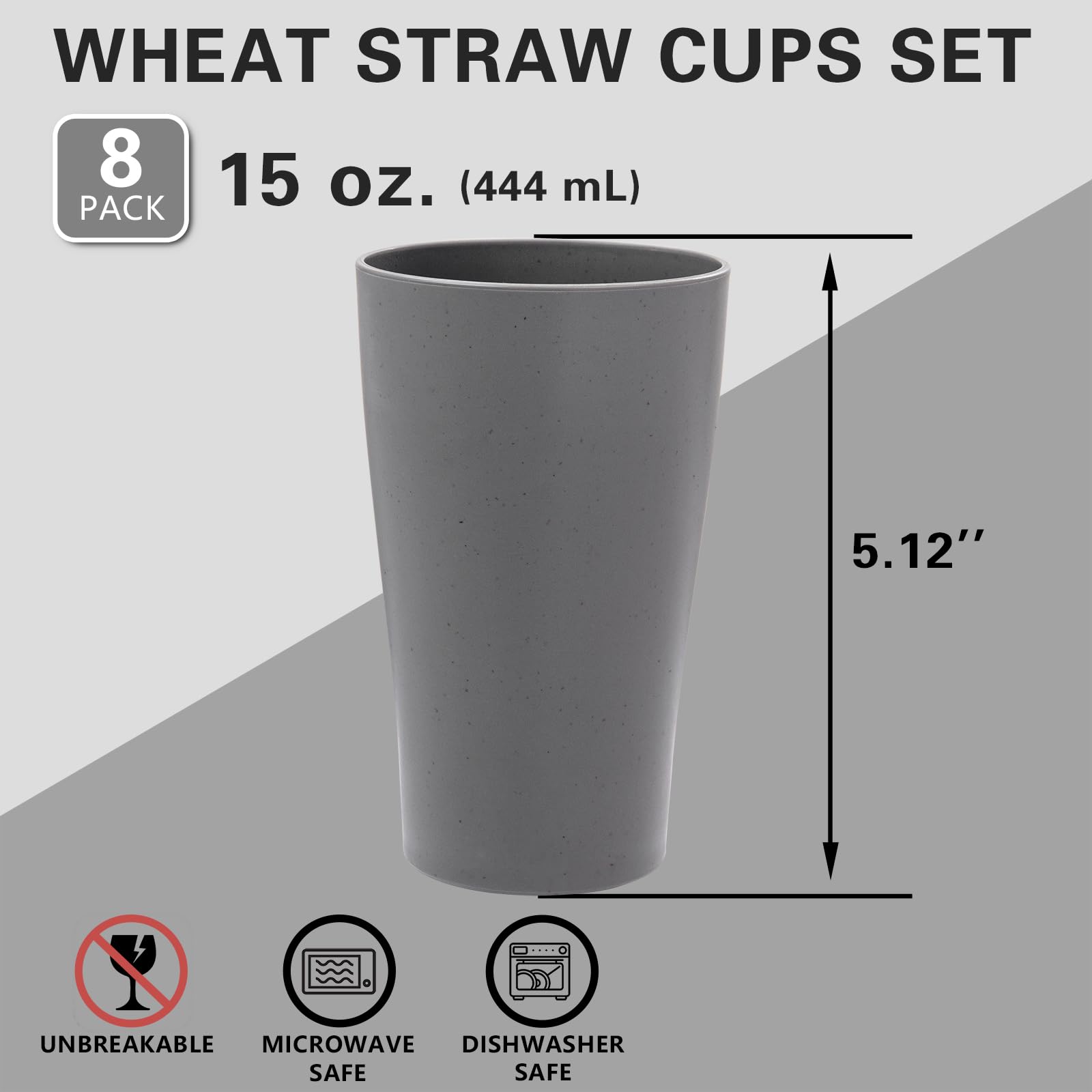 ejonirinjonir EI 8pcs Dark Grey Wheat Straw Cups,15oz Plastic Reusable Cups,Unbreakable Plastic Tumbler Cups,Large Cups for Kitchen,Dishwasher Safe Water Plastic Glasses for Water, Coffee, Juice, Tea