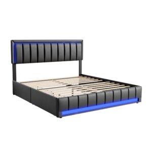 NEDYO Queen Size Bed Frame with Headboard, Platform Bed Frame with LED Lights&4 Storage Drawers, Faux Leather Upholstered Headboard, Wooden Slats Support, NO Box Spring Needed. Metal Black