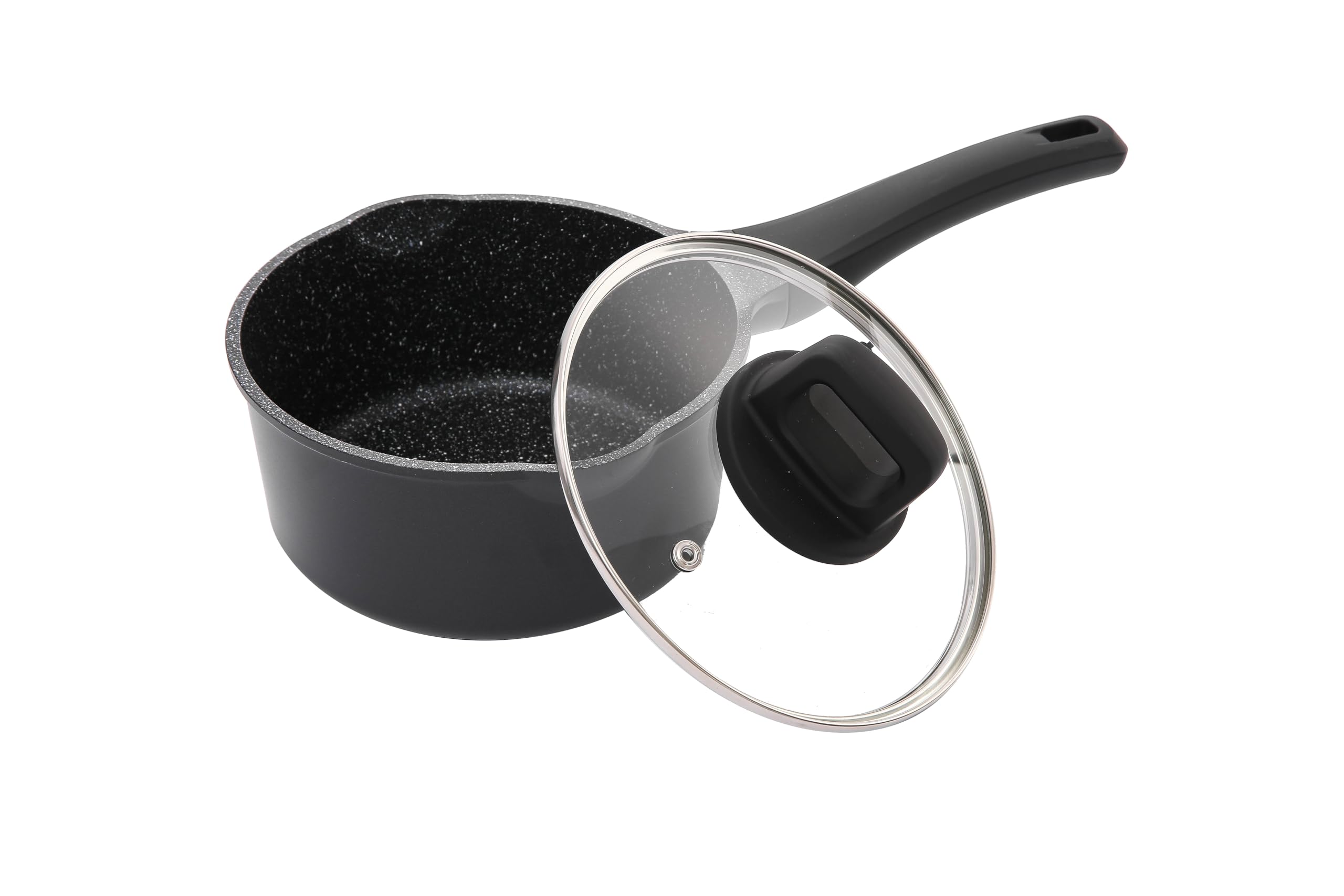 7 Inch Non Stick Sauce Pan with Glass Lid & Pour Spout - Lightweight 1.8 Quart Ceramic Coated Saucepan - Multipurpose Induction Compatible PFOA Free Small Cooking Pot with Stay Cool Handle (Black)