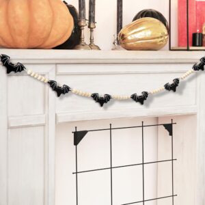 akerock halloween garland, halloween decorations indoor - farmhouse wood bat with skeleton and bead halloween banner for fireplace mantel decoration - bats garland