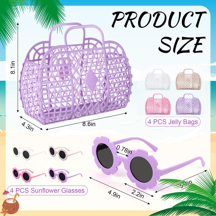 4 Sets Jelly Bags with Sunglasses for Women Wedding Jelly Purse Beach Bags Plastic Jelly Basket Flower Glasses for Bridal Wedding Party Gift