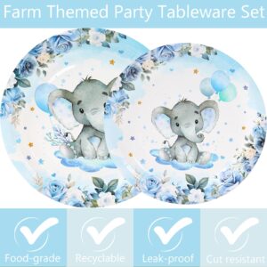 Boy Elephant Baby Shower Decorations Plates - Blue Elephant Plates Disposable Cups,Napkin with Blue flowers for 24 Elephant Theme Party Supplies,Baby Shower Wedding Birthday Party