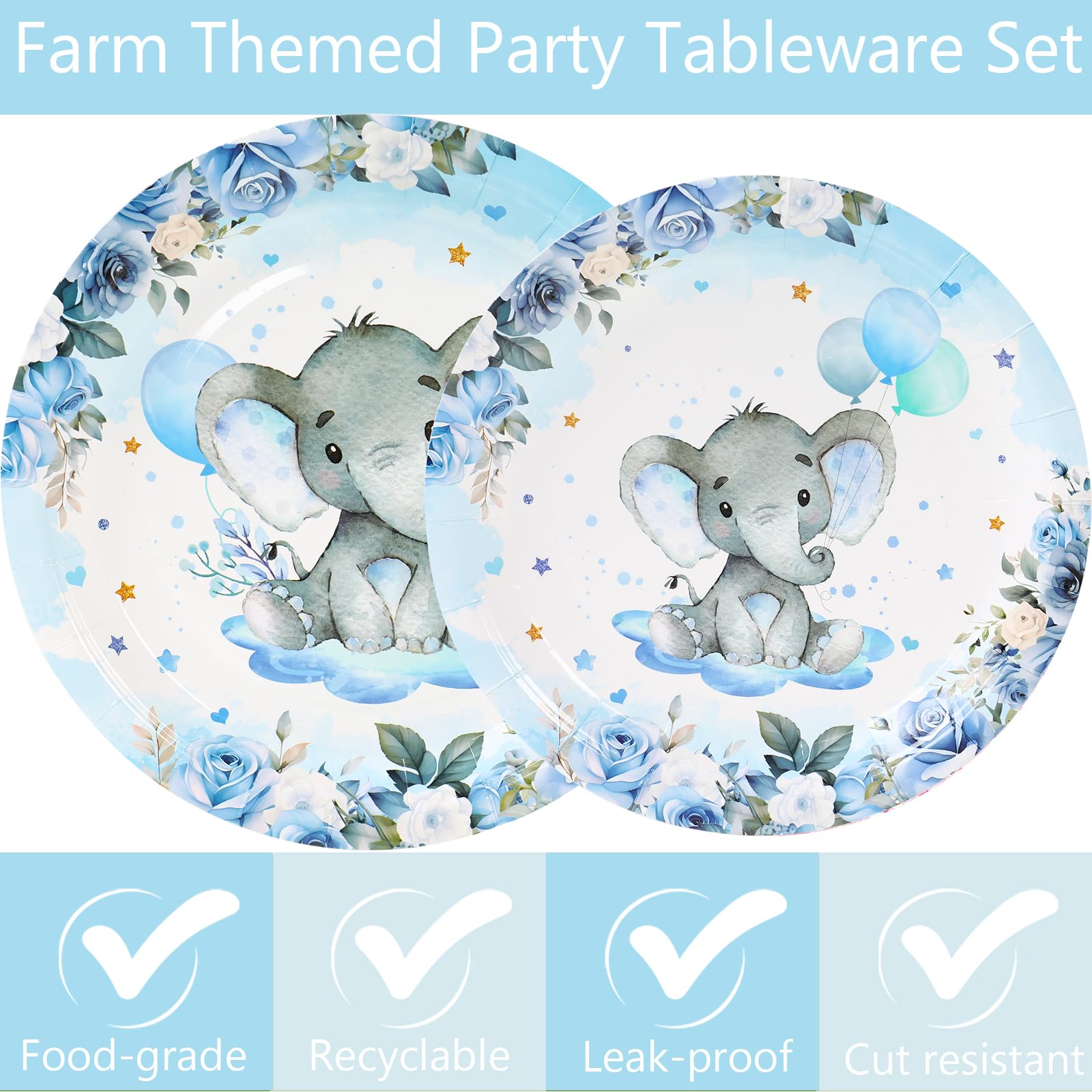 Boy Elephant Baby Shower Decorations Plates - Blue Elephant Plates Disposable Cups,Napkin with Blue flowers for 24 Elephant Theme Party Supplies,Baby Shower Wedding Birthday Party