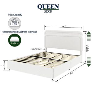 Queen Size Boucle Upholstered Platform Bed Frame, with 2 Drawers Storage, Curved Stitched Tufted Headboard, Wooden Slat Mattress Support, Noise Free, Easy Assembly, No Box Spring Needed, Ivory