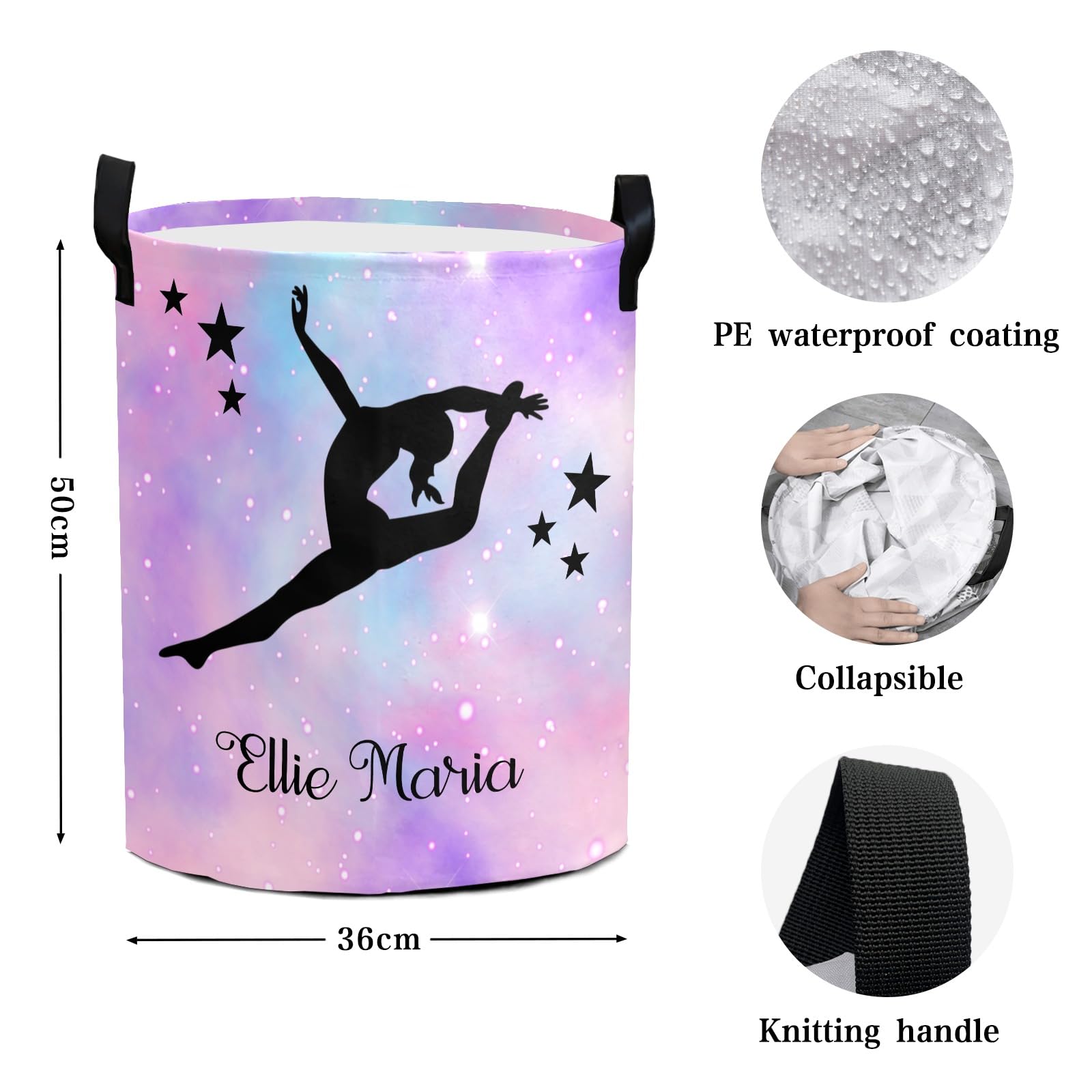 Personalized Laundry Baskets Bin,Gymnastic Girl Stars Laundry Hamper with Handles, Collapsible Waterproof Clothes Hamper,Storage for Bedroom, Bathroom, Toys 50L