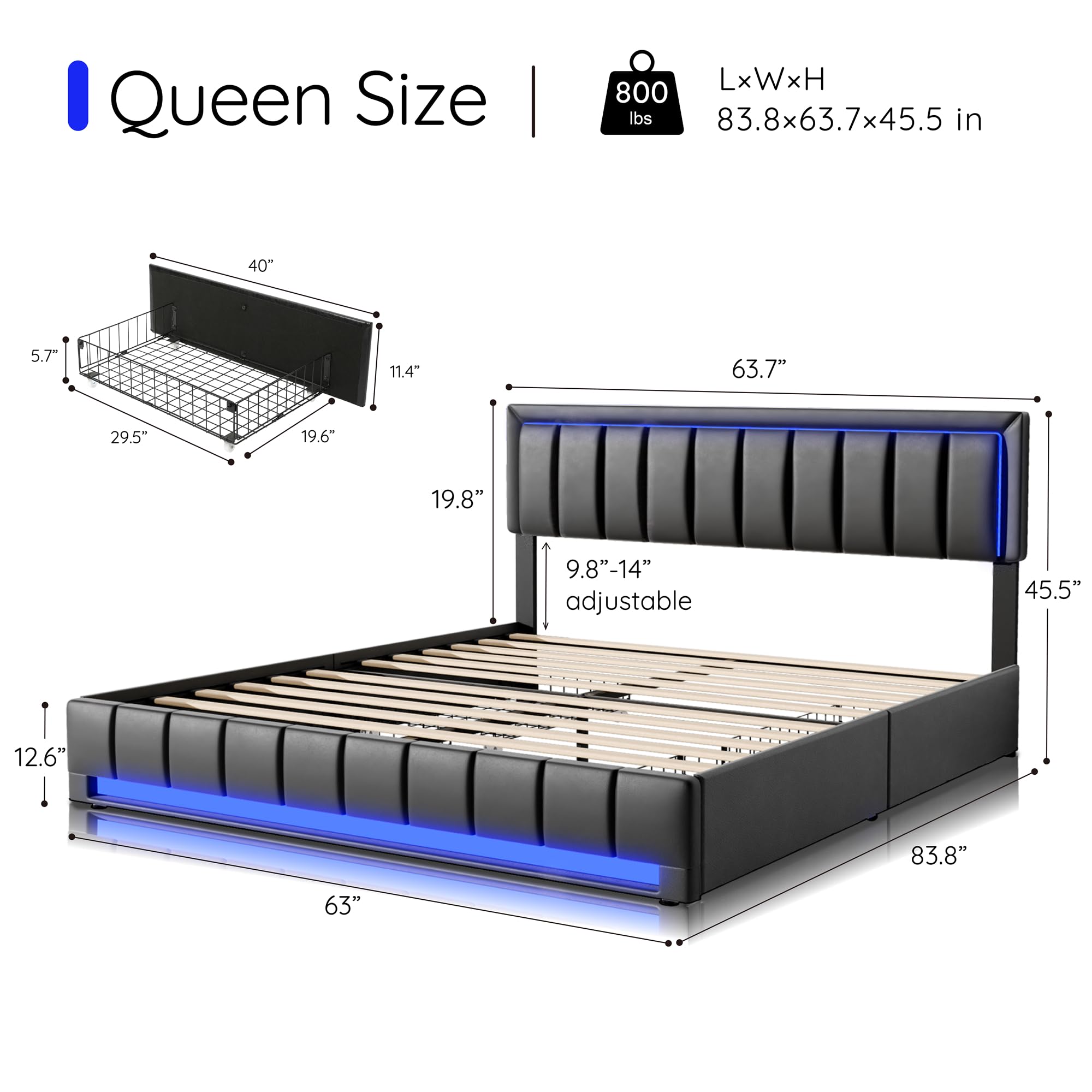 NEDYO Queen Size Bed Frame with Headboard, Platform Bed Frame with LED Lights&4 Storage Drawers, Faux Leather Upholstered Headboard, Wooden Slats Support, NO Box Spring Needed. Metal Black