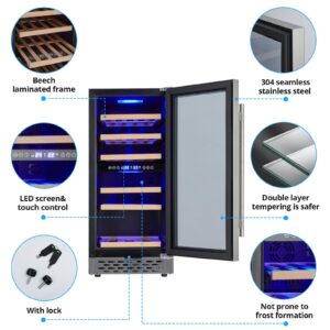 Wine Cooler Refrigerator - 28 Bottle Capacity, Double-Layer Glass Door, Temperature Stable System, Digital Temperature Control, Single Area Dual Temperature, Built-in or Freestanding，with Lock