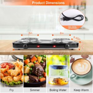 2000W Double Burner, Electric Hot Plate for Cooking Portable Cooking Stove, Countertop Burner Cooktop for Kitchen, Dorm, Temperature Control, Easy to Clean, Black