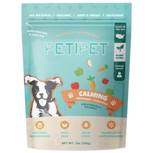 petipet calming chews for dogs - plant-based calming supplement with melatonin+chamomile - natural calming aid treats for relaxing, stress, separation, anxiety relief, puppies, small and large breeds