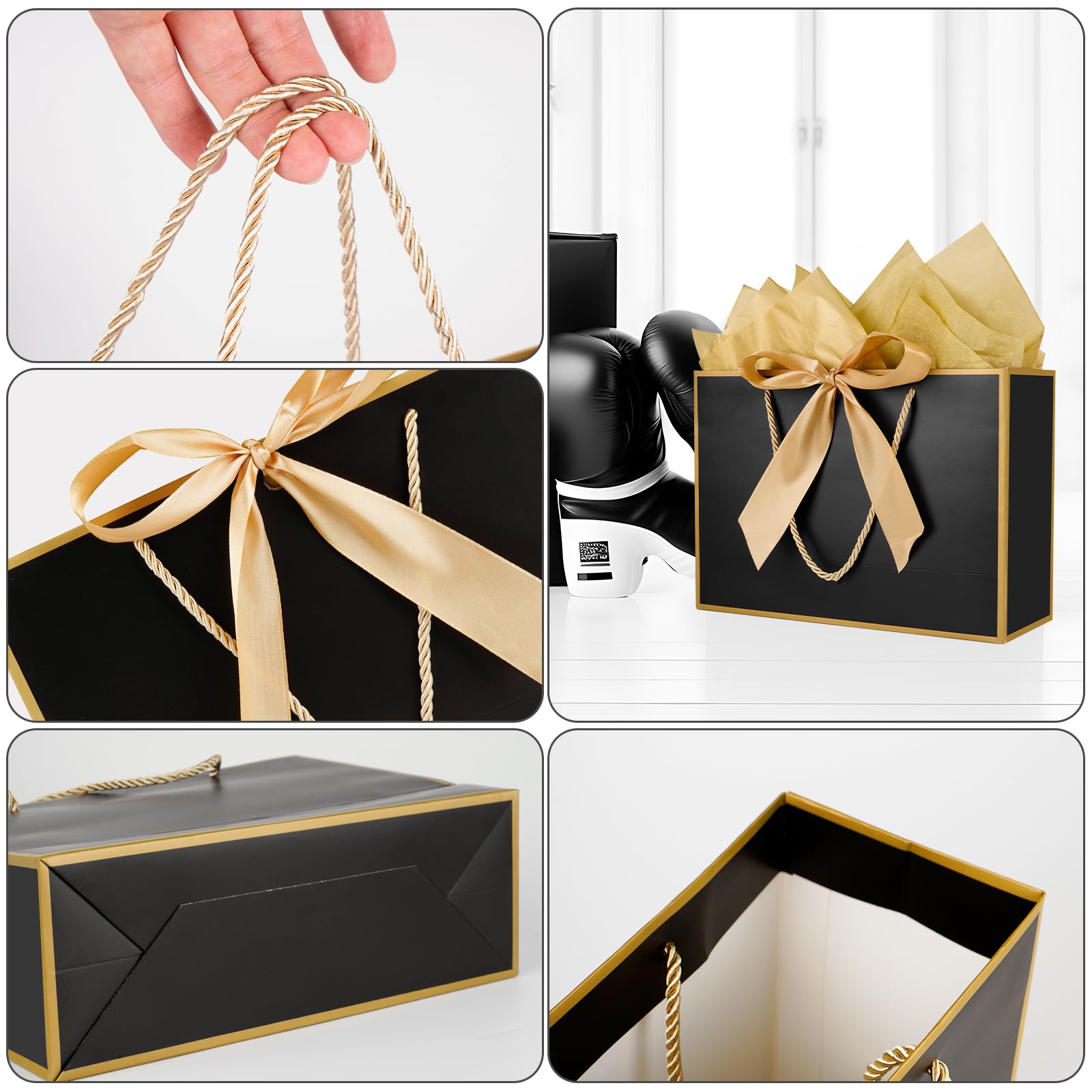 Gfractolux Gift Bags for Present, 2 Pcs Medium Gift Bags with Tissue Paper and Cards, Gift Bags for Birthdays, Baby Shower, Wedding, Party Favor, Holiday Presents 11"X7.9"X3.9" (Black and Gold)