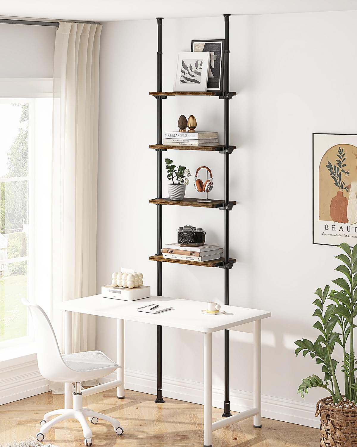 ALLZONE Adjustable Tall Narrow Bookshelf for Bedroom,4-Tier Ladder Bookshelf for Small Spaces,Tension Mount Small Book Shelf and Tall Bookcases, 64 to 113Inch Height Skinny Bookshelf with Open Storage