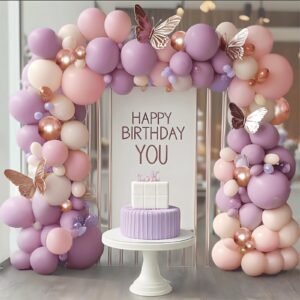 pink and purple balloon arch kit, dusty purple pink sand white matellic rose gold latex balloons for bridal baby shower wedding anniversary engagement birthday party decoration