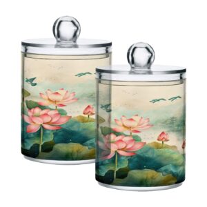 kigai 2 pack watercolor lotus flowers qtip holders dispenser bathroom vanity organizers clear plastic apothecary jars with lids for cotton ball, cotton swab, cotton round pads, floss