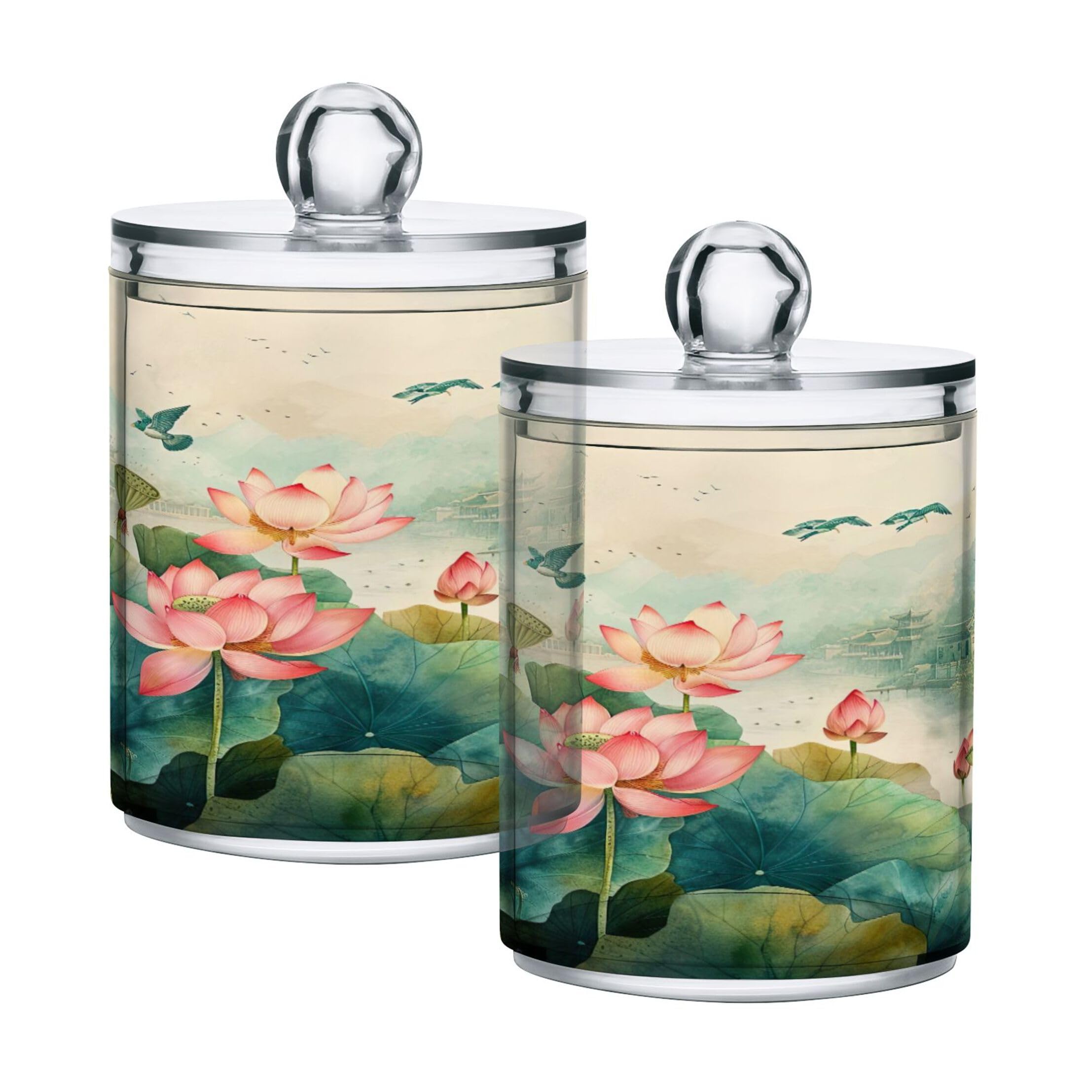 Kigai 2 Pack Watercolor Lotus Flowers Qtip Holders Dispenser Bathroom Vanity Organizers Clear Plastic Apothecary Jars with Lids for Cotton Ball, Cotton Swab, Cotton Round Pads, Floss