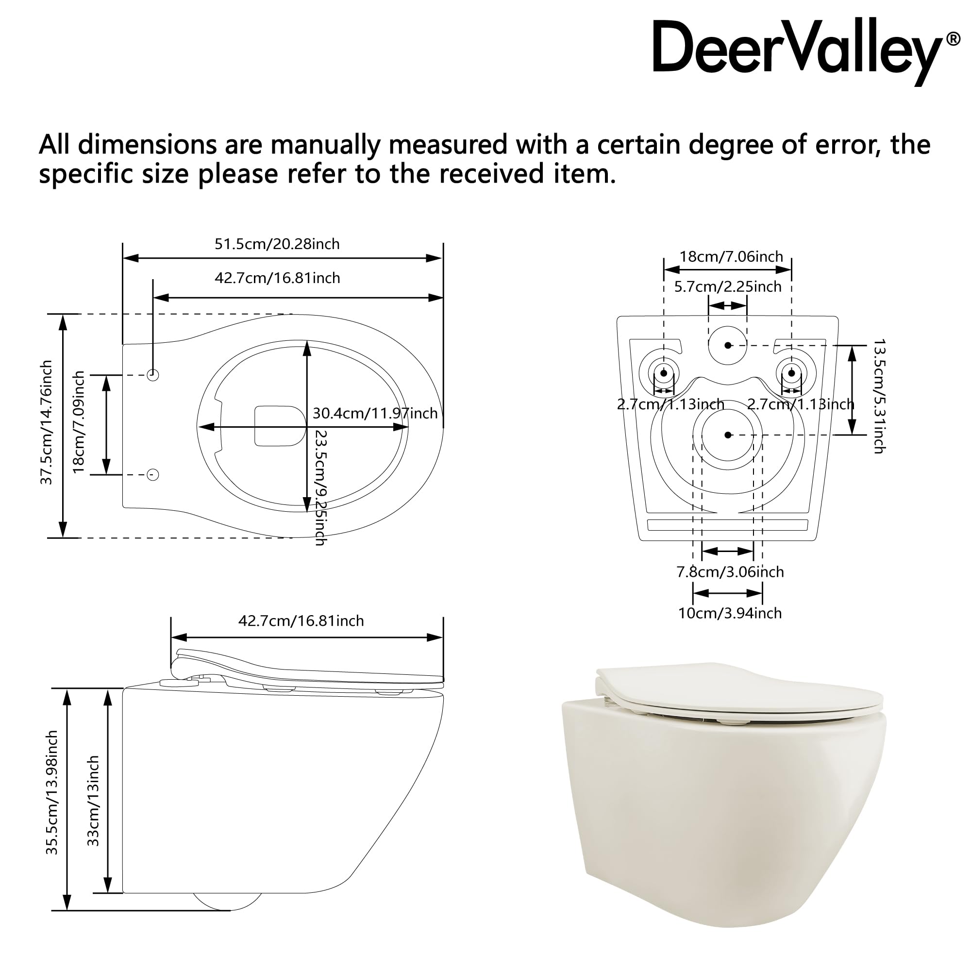 Deer Valley Wall Hung Toilet Combo Set, Wall Mounted Toilet, Concealed In-Wall Toilet Tank Carrier System, 1.1GPF/1.6 GPF Dual Flush, Push Buttons Included (Biscuit 14.4 * 17.3)