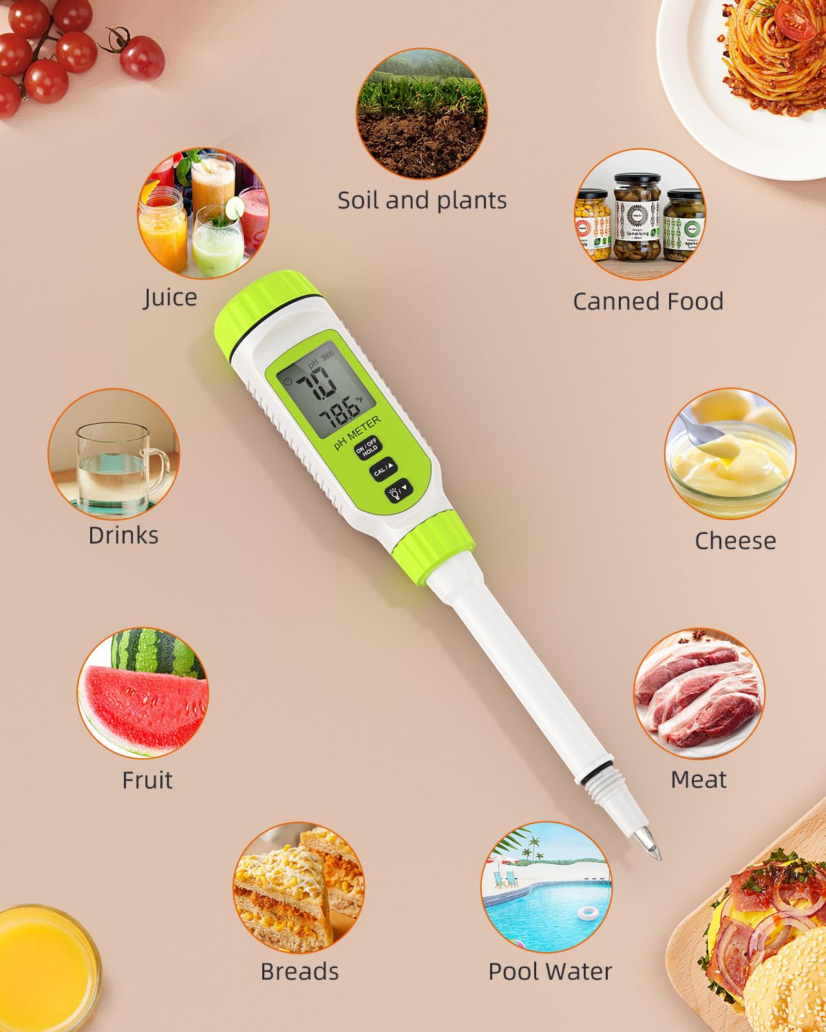 Tadeto Multifunctional Digital pH Meter for Food, High Precision Garden Soil pH Test Kit with LCD ℃/℉ Display for Plant/Solution, Water and Food pH Tester for Meat, Bread, Cheese,Water, Pool