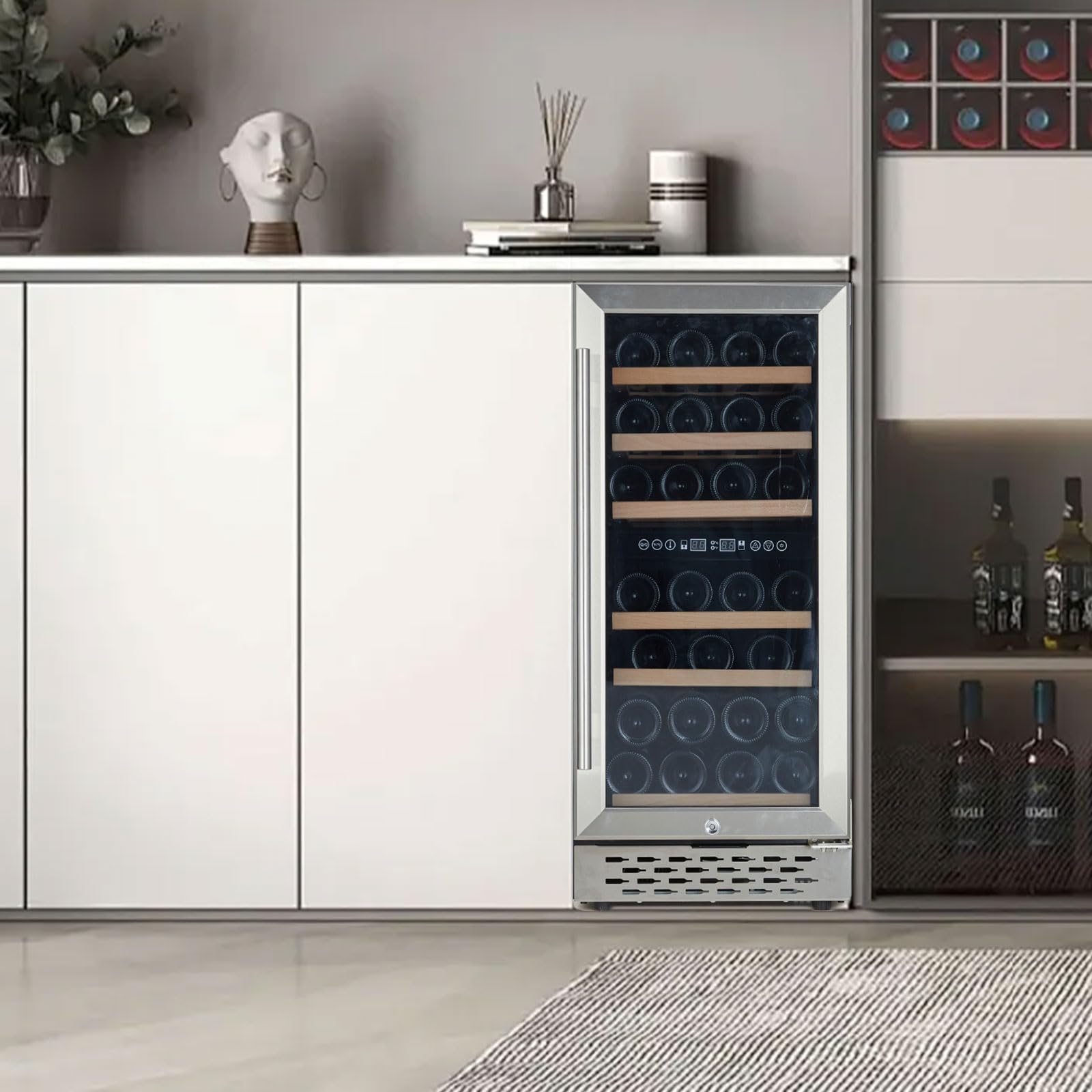 Wine Cooler Refrigerator - 28 Bottle Capacity, Double-Layer Glass Door, Temperature Stable System, Digital Temperature Control, Single Area Dual Temperature, Built-in or Freestanding，with Lock