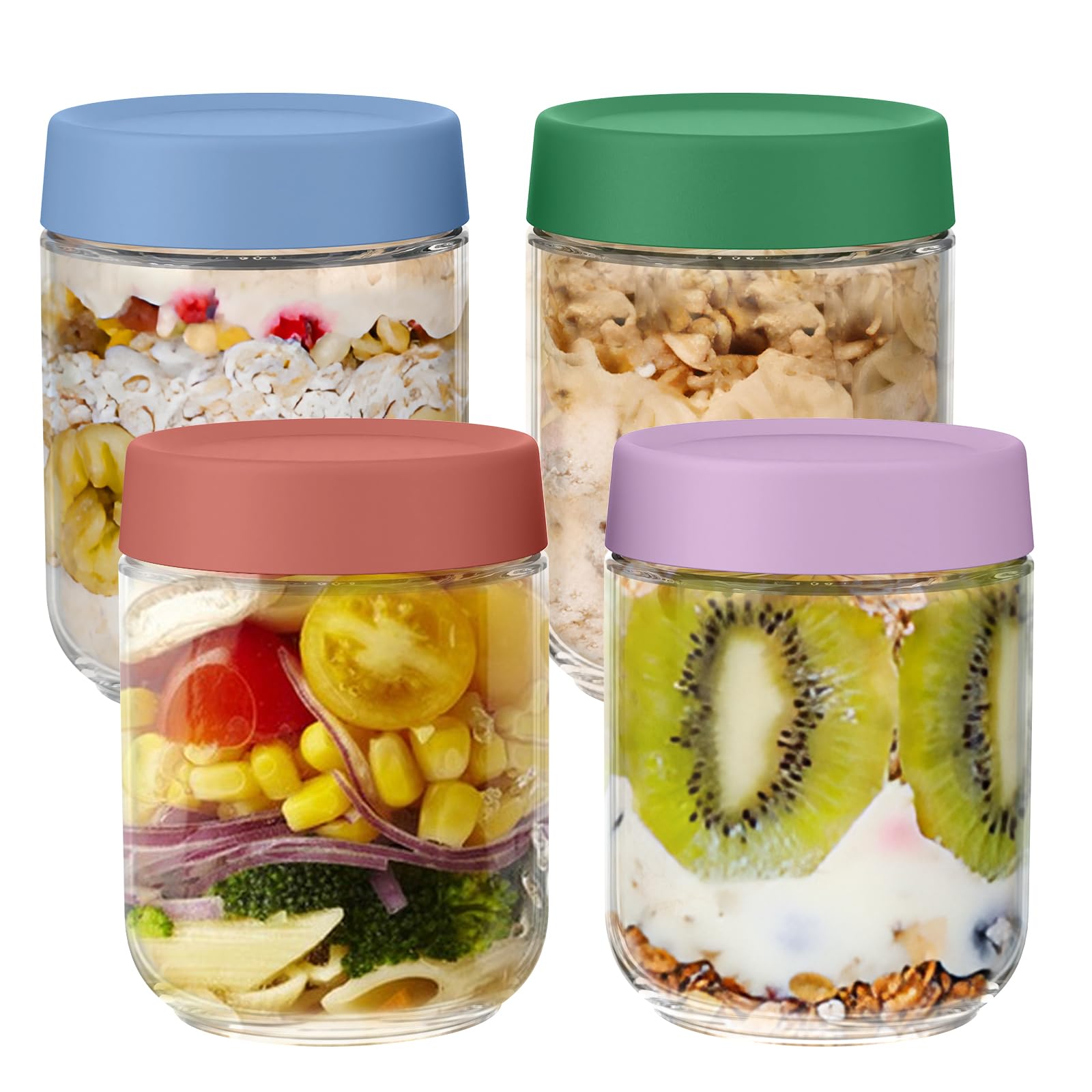 Luxfuel 16oz Glass Jars with Lids, Reusable Wide Mouth Mason Jars, Airtight Leak-Proof, for Glass Food Storage Containers Meal Prep - Set of 4