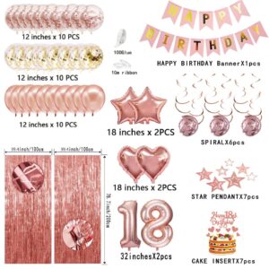 Foregiftsi 18th Rose Gold Birthday Party Decorations - Happy Birthday Banner, Fringe Curtain Heart Star Number 18 Foil Confetti Balloons Hanging Swirls Star Pendantx Cake Toppe for Women Girls