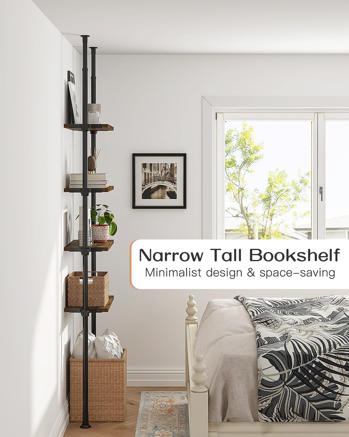 ALLZONE Adjustable Tall Narrow Bookshelf for Bedroom,4-Tier Ladder Bookshelf for Small Spaces,Tension Mount Small Book Shelf and Tall Bookcases, 64 to 113Inch Height Skinny Bookshelf with Open Storage