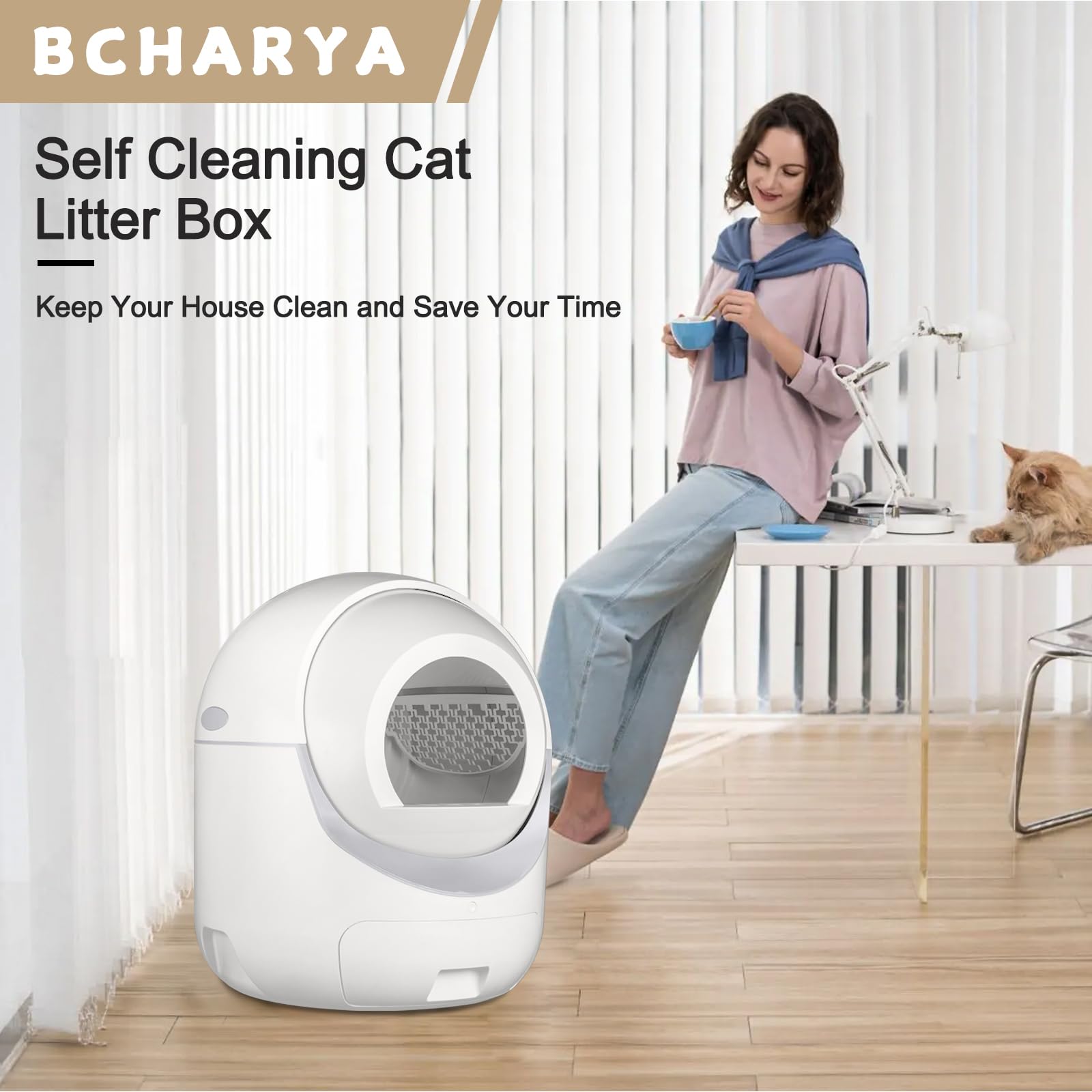 BCHARYA Self Cleaning Litter Box, Automatic Litter Box with APP Control Odor Removal Safety Protection for Multiple Cats, Scoop Free Smart Litter Box with Garbage Bags