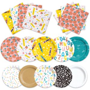 cmusko 60pcs school plates and napkins-back to school decorations ruler apple alphabet first and last day of school preschool kindergarten graduation tableware deorations