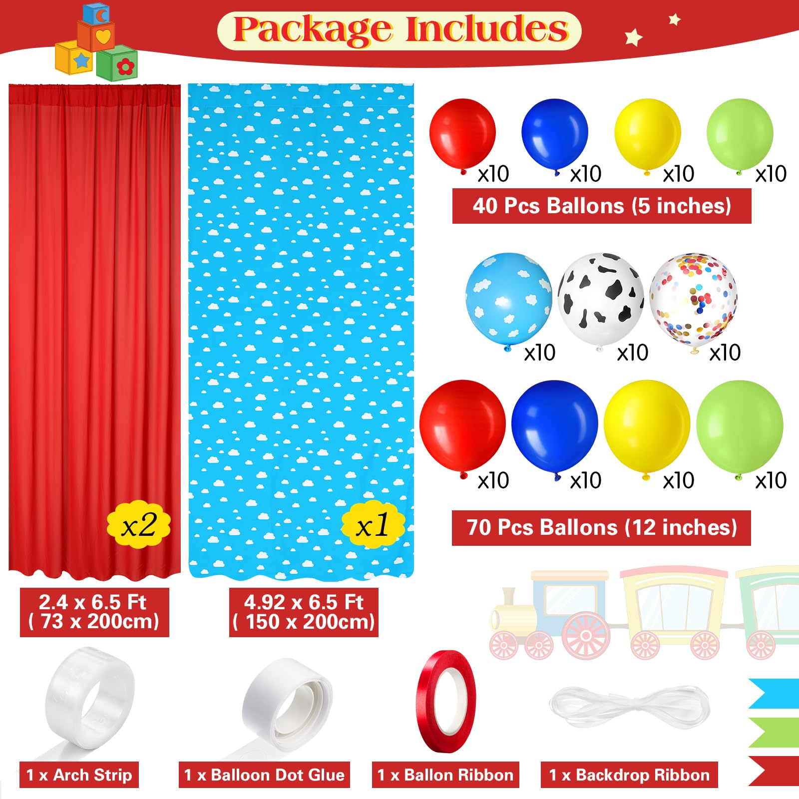 SmoothNovelty 116 Pcs Story Party Decorations Kit Includes 1 Blue Sky White Clouds Backdrop 2 Panels Chiffon Backdrop Curtain 110 Balloons with 3 Roll Accessories for Boys Girls Birthday Baby Shower