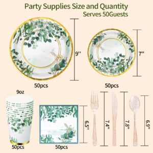 AWLZJZQA 350 Pcs Sage Green Plates and Napkins Party Supplies Serve 50 Sage Green Baby Shower Decorations Eucalyptus Paper Plates and Cups And Napkins Sets for Boho Birthday Wedding Baptism Bridal