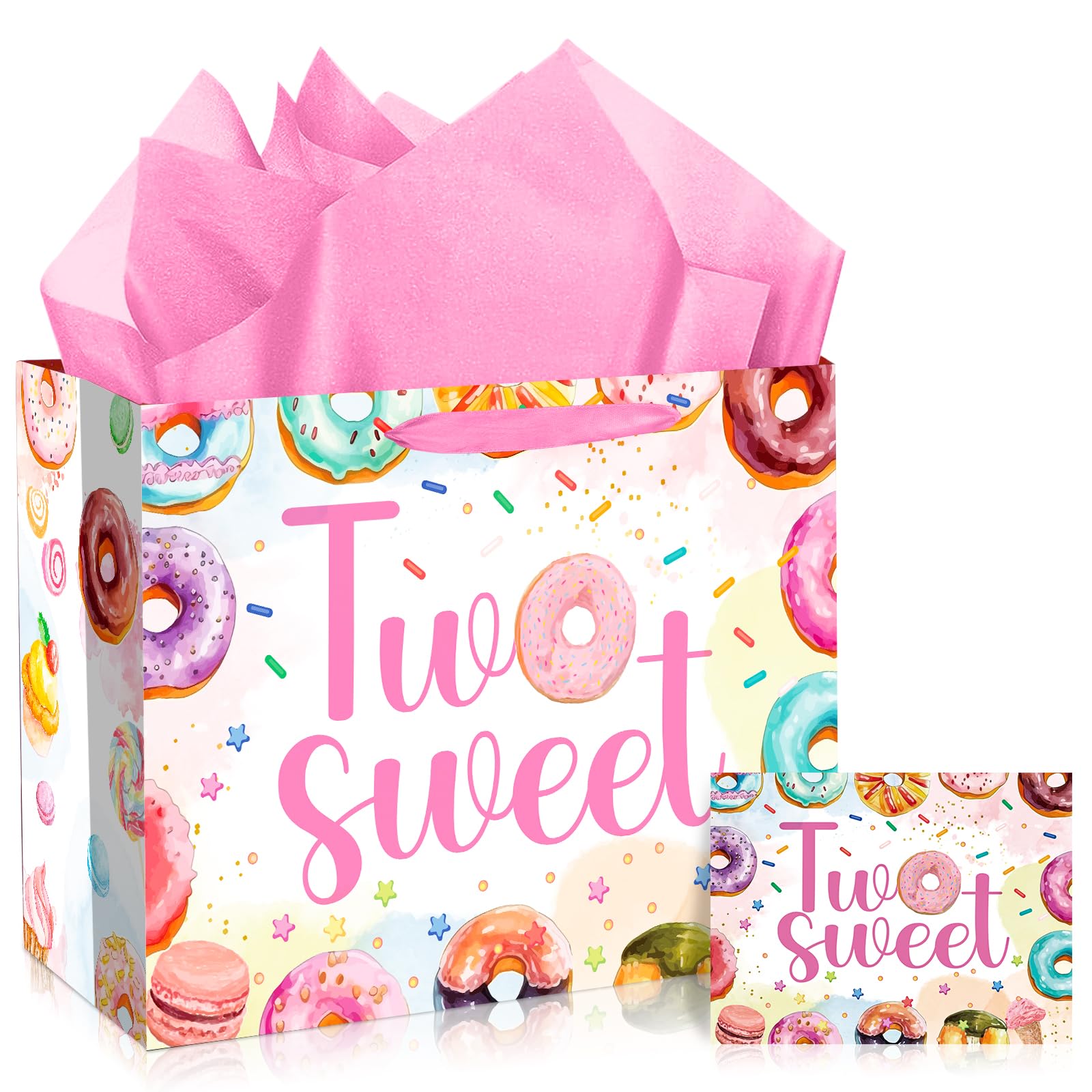 Two Sweet Birthday Gift Bags for Baby Girl Gift Bags with Card and Tissue Paper Two Sweet Donut Ice Cream Gifts Bags with Handles-Big Wrapping Paper Bags 2nd Birthday Baby Shower Party Supplies