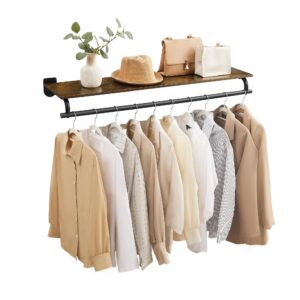 songmics clothes rack with top shelf, wall mounted clothing rack, with hanging rod, loads up to 132 lb, 11 x 42.9 x 5.2 inches, entryway, bedroom, closet, rustic brown and ink black uhsr135b01