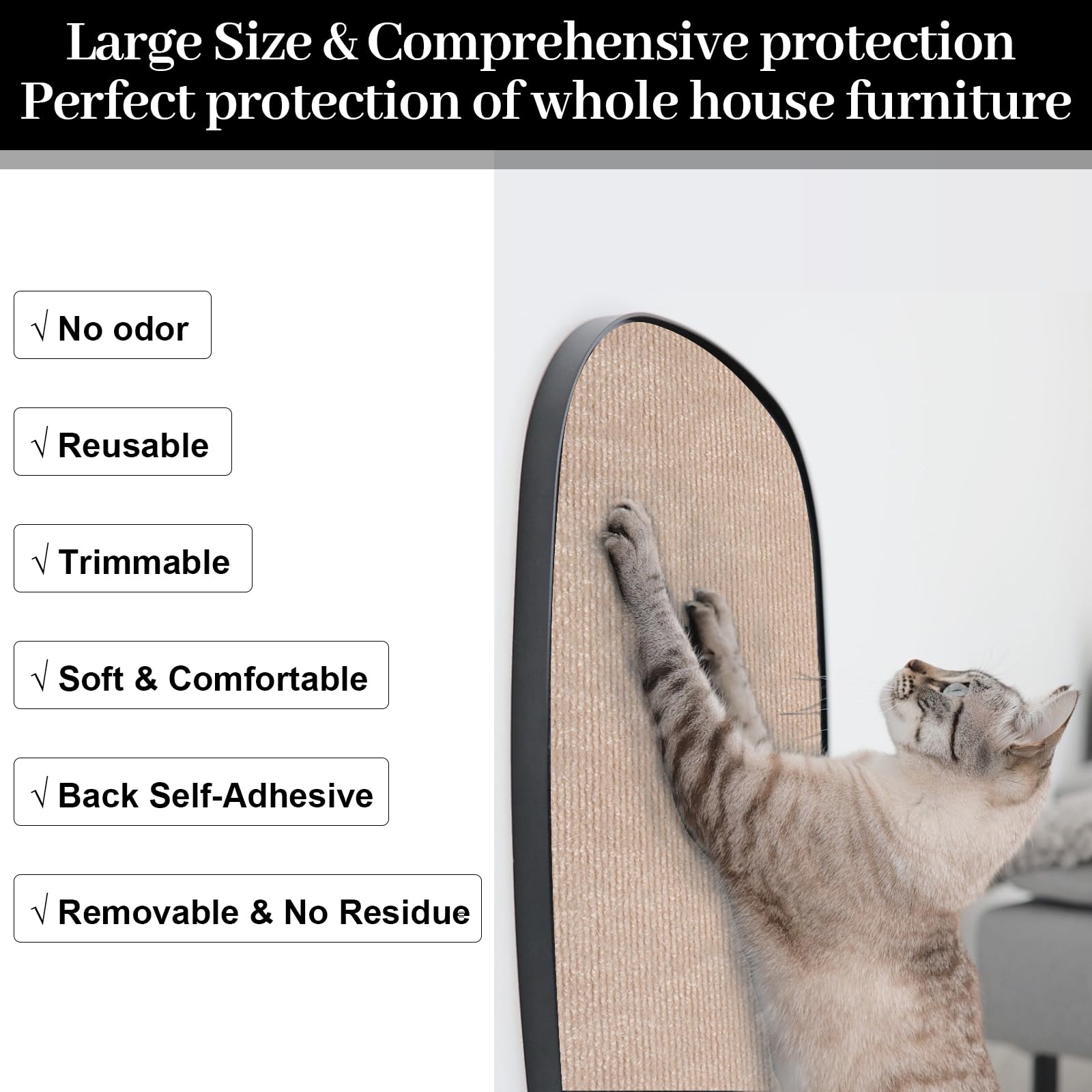 Uranshin Trimmable Cat Scratch Mat pad Self-Adhesive Cat Scratching Post Carpet Covered 78.7"x15.8" Cat Tree Shelves Replacement Parts cat Furniture Protector for Couch Wall (Khaki)