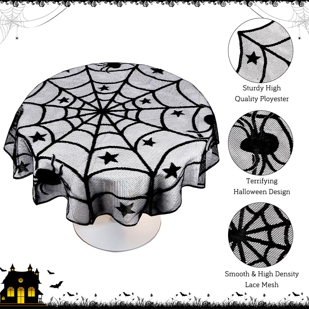 Halloween Tablecloth Round Black Lace Spiderweb Tablecloth 40 Inch Halloween Lace Table Topper Table Runner Halloween Table Cloth Spider Cobweb Table Cover Halloween Table Decorations Fireplace Cover