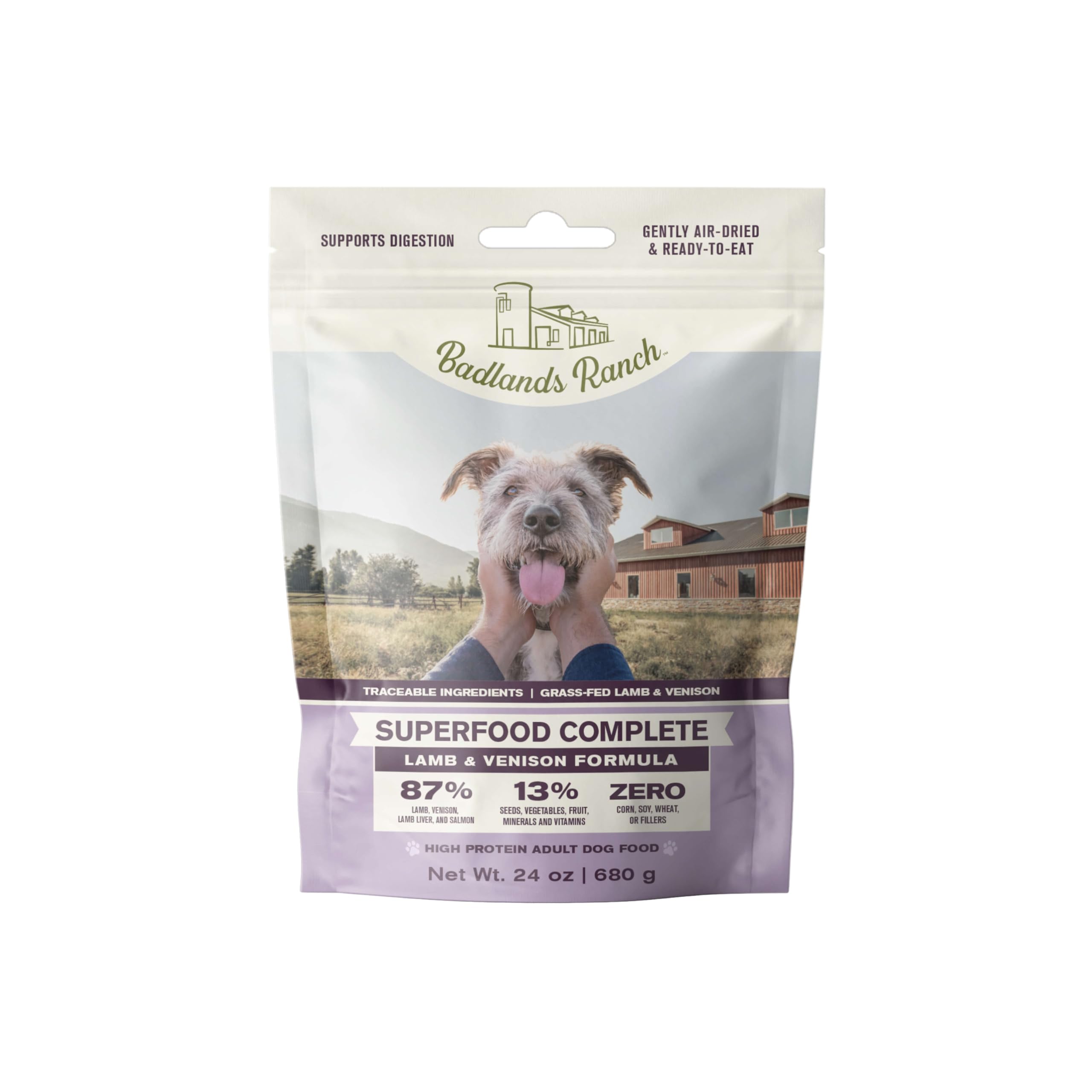 BADLANDS RANCH Superfood Complete, Air-Dried Adult Dog Food, 24 Ounce Lamb & Venison and Super Gut Organic Supplement 90 Grams, 30 Scoops