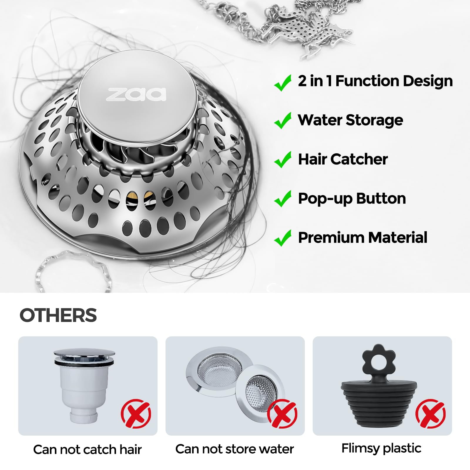 zaa Bathtub Drain Stopper, Upgraded 2in1 Tub Stopper Bathtub Drain Cover and Hair Catcher, Pop Up Bathtub Drain Plug, Replaces Lift & Turn, Tip-Toe or Trip Lever, for 1.46-2" W Drain Hole, Silver