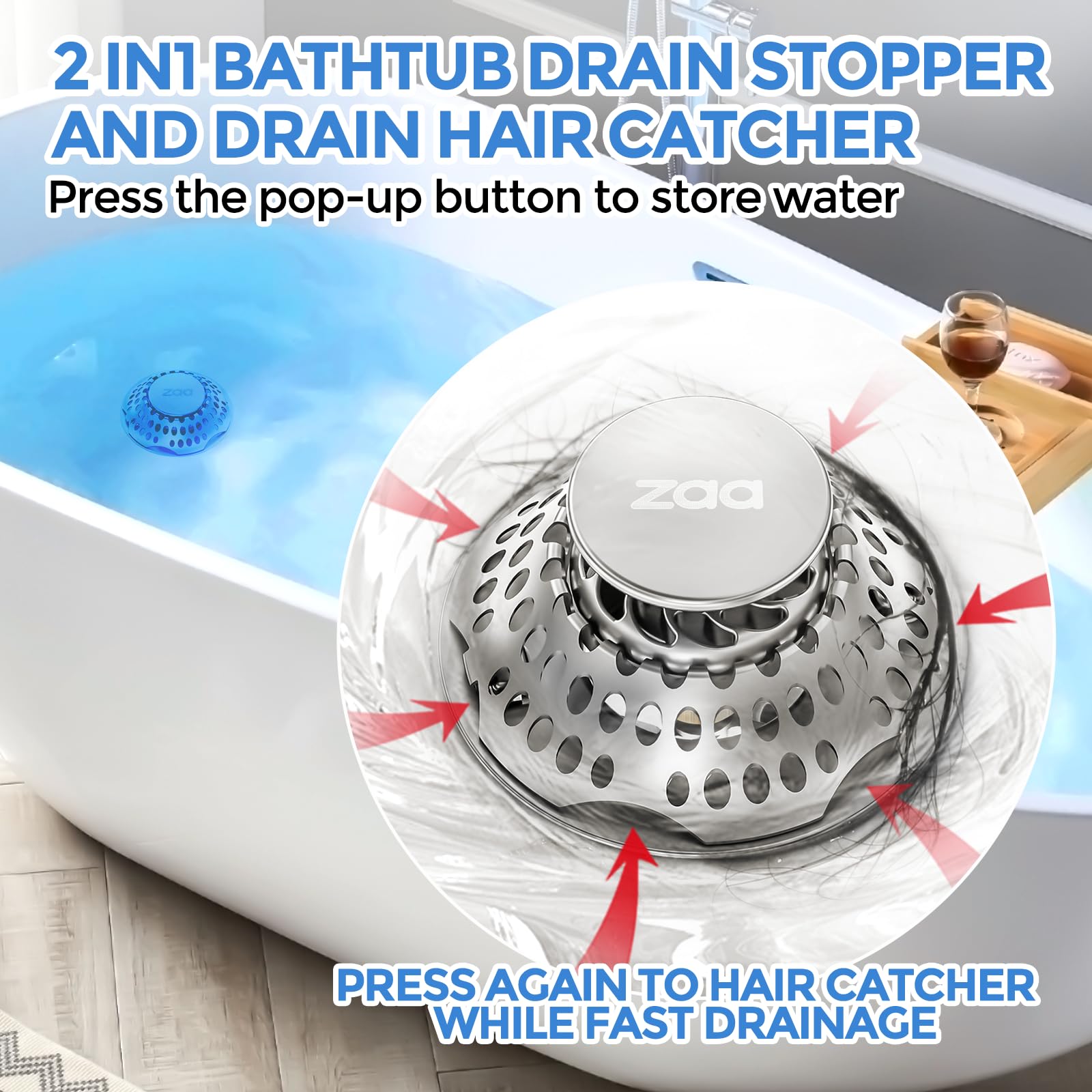 zaa Bathtub Drain Stopper, Upgraded 2in1 Tub Stopper Bathtub Drain Cover and Hair Catcher, Pop Up Bathtub Drain Plug, Replaces Lift & Turn, Tip-Toe or Trip Lever, for 1.46-2" W Drain Hole, Silver