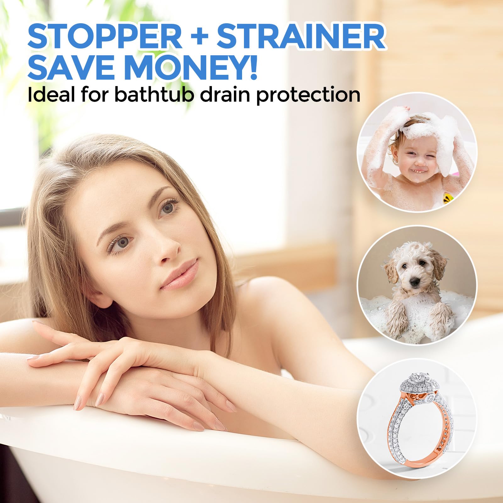 zaa Bathtub Drain Stopper, Upgraded 2in1 Tub Stopper Bathtub Drain Cover and Hair Catcher, Pop Up Bathtub Drain Plug, Replaces Lift & Turn, Tip-Toe or Trip Lever, for 1.46-2" W Drain Hole, Silver