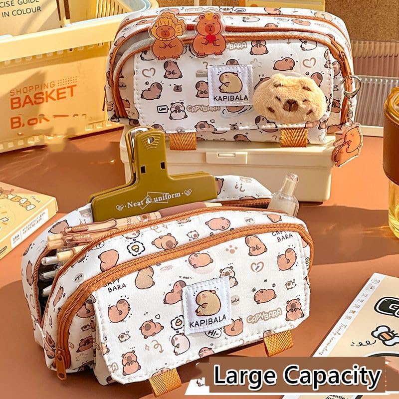 NAPIMICO Cute Flip Top Pencil Case with Kawaii Capybara Plush Pins Large Pencil Pouch Makeup Bag Aesthetic Stationery Organizer (White)